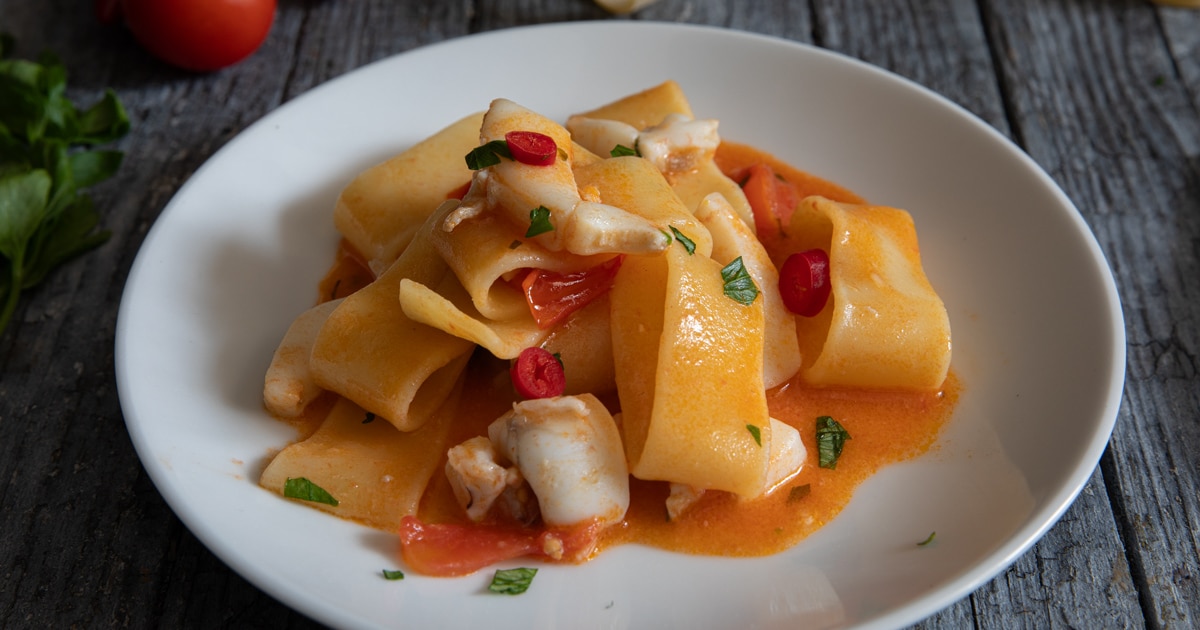 Calamarata Pasta (Squid and Tomato Sauce) Recipe - An Italian in my Kitchen
